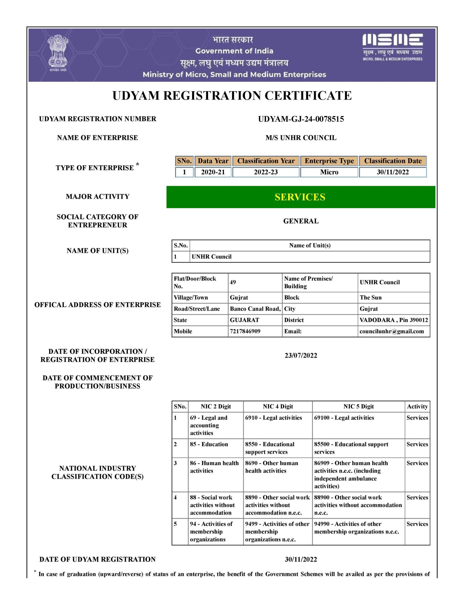Certificate – UNHR Council